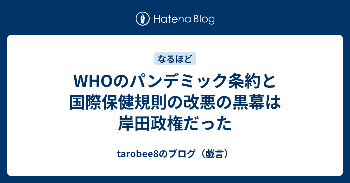 WHOのパンデミック条約と国際保健規則の改悪の黒幕は岸田政権だった - tarobee8のブログ（戯言）