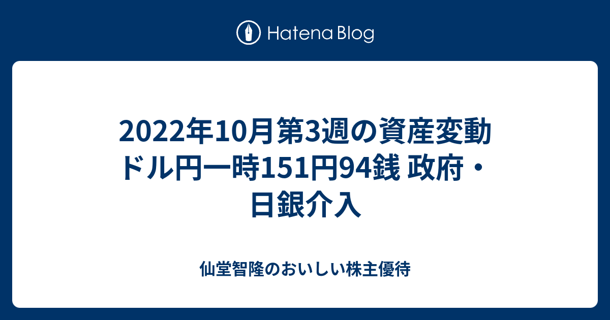 2022年10月第3週の資産変動 ドル円一時151円94銭 政府・日銀介入 仙堂智隆のおいしい株主優待