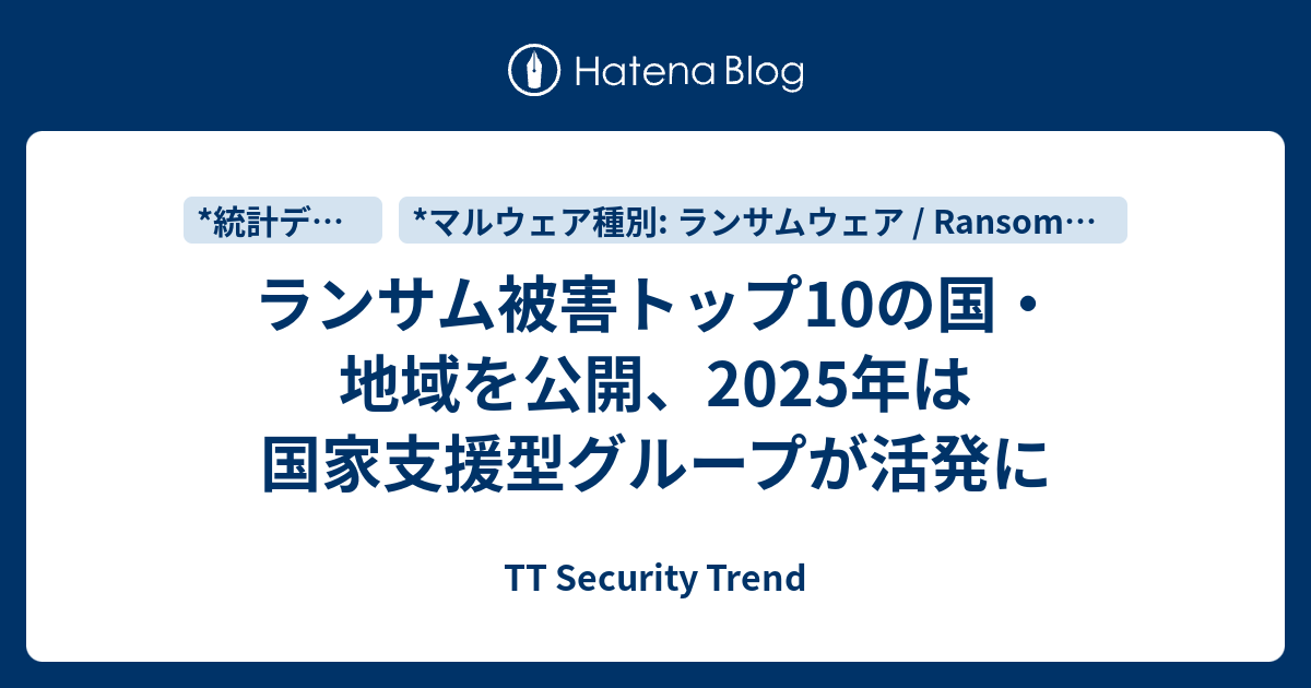 ランサム被害トップ10の国・地域を公開、2025年は国家支援型グループが活発に - TT Security Trend