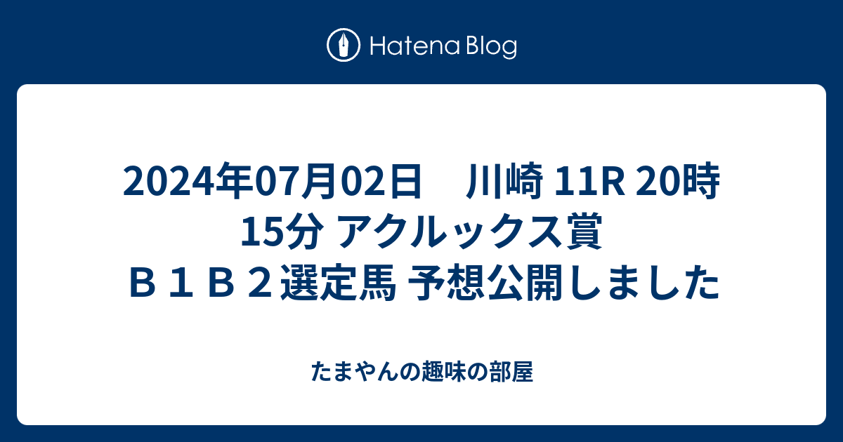 2024年07月02日 川崎 11R 20時15分 アクルックス賞B1B2選定馬 予想公開しました - たまやんの趣味の部屋