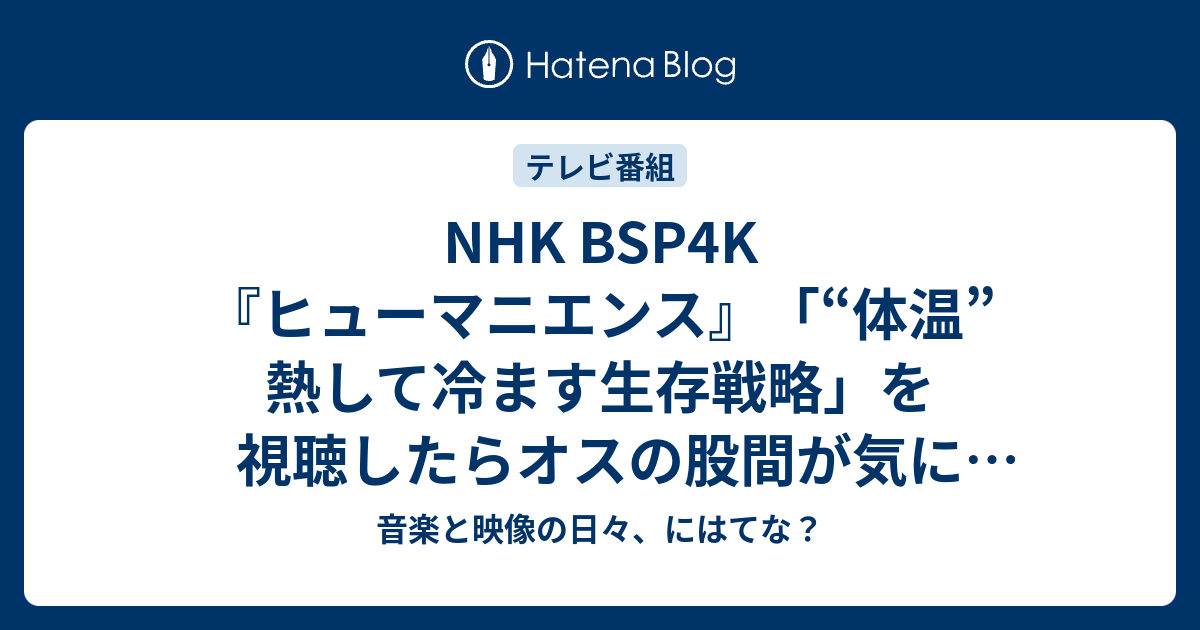 NHK BSP4K『ヒューマニエンス』「“体温”熱して冷ます生存戦略」を視聴したらオスの股間が気になる!? - 音楽と映像の日々、にはてな？